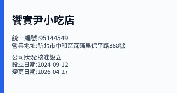 饗實尹小吃店的照片-統編 95144549(新北市) 公司登記資料與營業項目詳細圖表