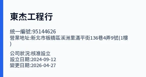 東杰工程行的照片-統編 95144626(新北市) 公司登記資料與營業項目詳細圖表