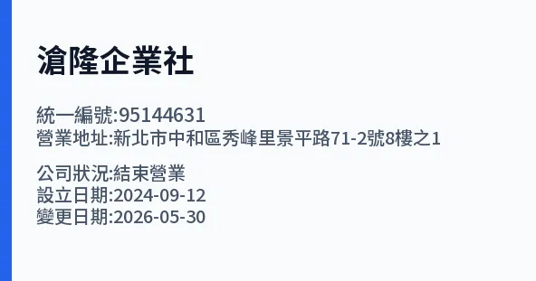 滄隆企業社的照片-統編 95144631(新北市) 公司登記資料與營業項目詳細圖表