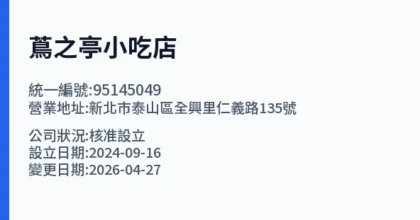 蔦之亭小吃店的照片-統編 95145049(新北市) 公司登記資料與營業項目詳細圖表