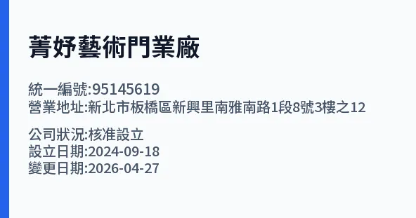 菁妤藝術門業廠的照片-統編 95145619(新北市) 公司登記資料與營業項目詳細圖表