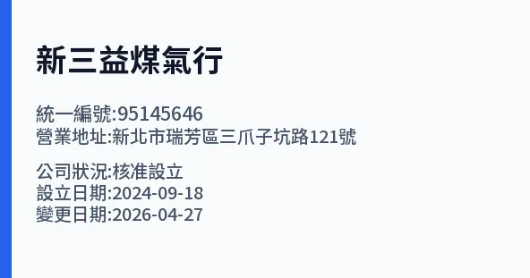 新三益煤氣行的照片-統編 95145646(新北市) 公司登記資料與營業項目詳細圖表