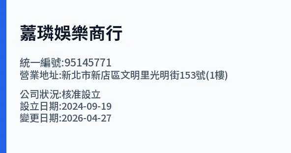 䕒璘娛樂商行的照片-統編 95145771(新北市) 公司登記資料與營業項目詳細圖表