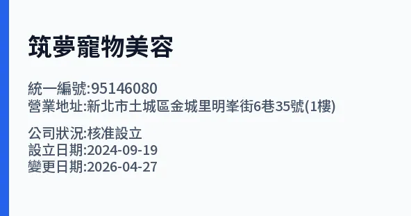 筑夢寵物美容的照片-統編 95146080(新北市) 公司登記資料與營業項目詳細圖表