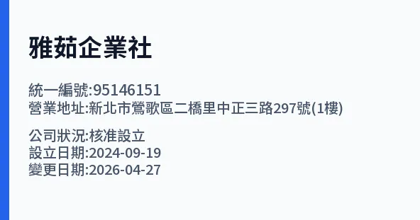 雅茹企業社的照片-統編 95146151(新北市) 公司登記資料與營業項目詳細圖表