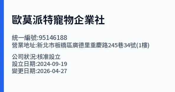 歐莫派特寵物企業社的照片-統編 95146188(新北市) 公司登記資料與營業項目詳細圖表