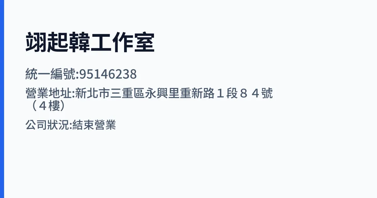 翊起韓工作室 - 統編 95146238(新北市) 公司登記資料與營業項目詳細圖表