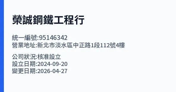 榮誠鋼鐵工程行的照片-統編 95146342(新北市) 公司登記資料與營業項目詳細圖表