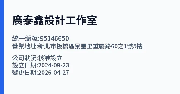 廣泰鑫設計工作室的照片-統編 95146650(新北市) 公司登記資料與營業項目詳細圖表