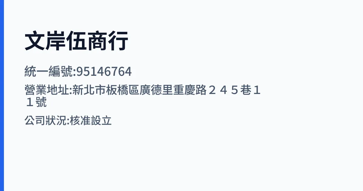文岸伍商行 - 統編 95146764(新北市) 公司登記資料與營業項目詳細圖表