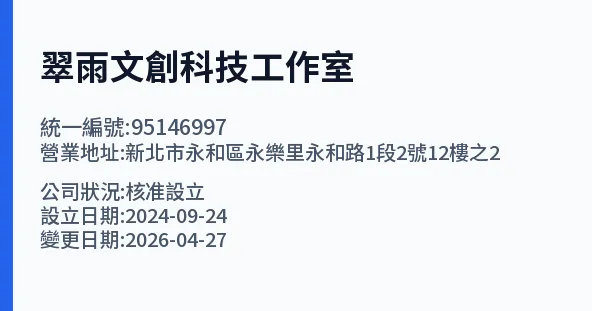 翠雨文創科技工作室的照片-統編 95146997(新北市) 公司登記資料與營業項目詳細圖表