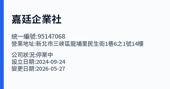 嘉廷企業社的照片-統編 95147068(新北市) 公司登記資料與營業項目詳細圖表