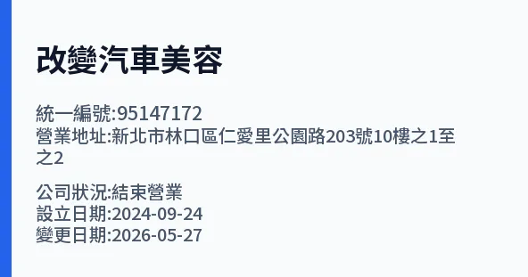 改變汽車美容的照片-統編 95147172(新北市) 公司登記資料與營業項目詳細圖表