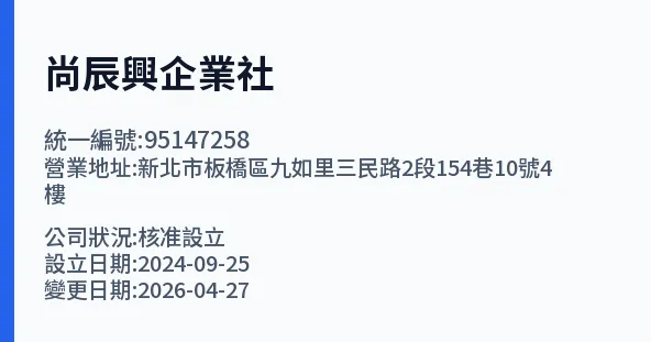 尚辰興企業社的照片-統編 95147258(新北市) 公司登記資料與營業項目詳細圖表