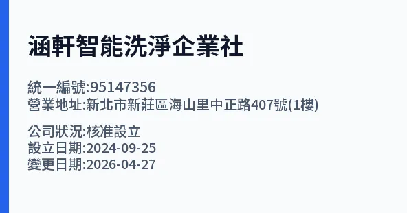 涵軒智能洗淨企業社的照片-統編 95147356(新北市) 公司登記資料與營業項目詳細圖表