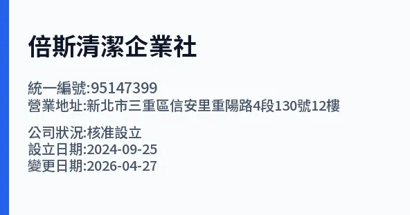 倍斯清潔企業社的照片-統編 95147399(新北市) 公司登記資料與營業項目詳細圖表