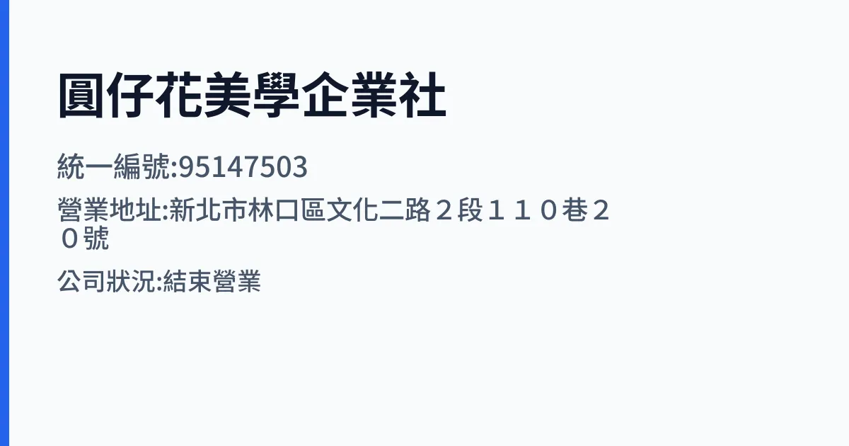 圓仔花美學企業社 - 統編 95147503(新北市) 公司登記資料與營業項目詳細圖表