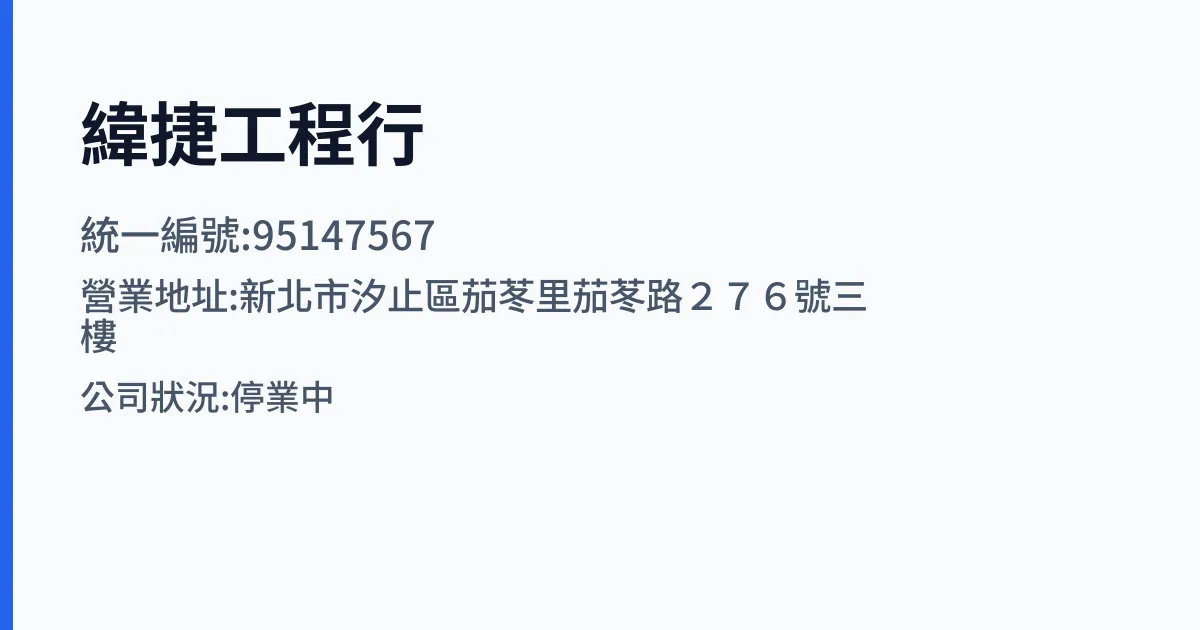 緯捷工程行 - 統編 95147567(新北市) 公司登記資料與營業項目詳細圖表