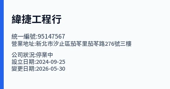 緯捷工程行的照片-統編 95147567(新北市) 公司登記資料與營業項目詳細圖表