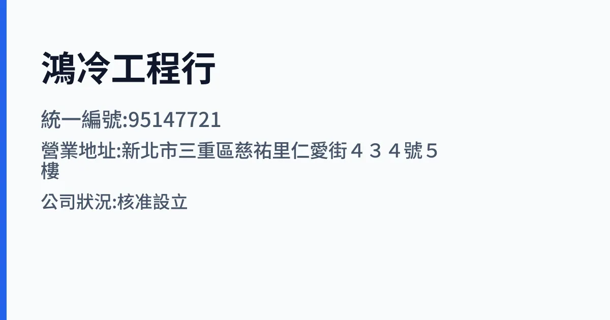 鴻冷工程行 - 統編 95147721(新北市) 公司登記資料與營業項目詳細圖表
