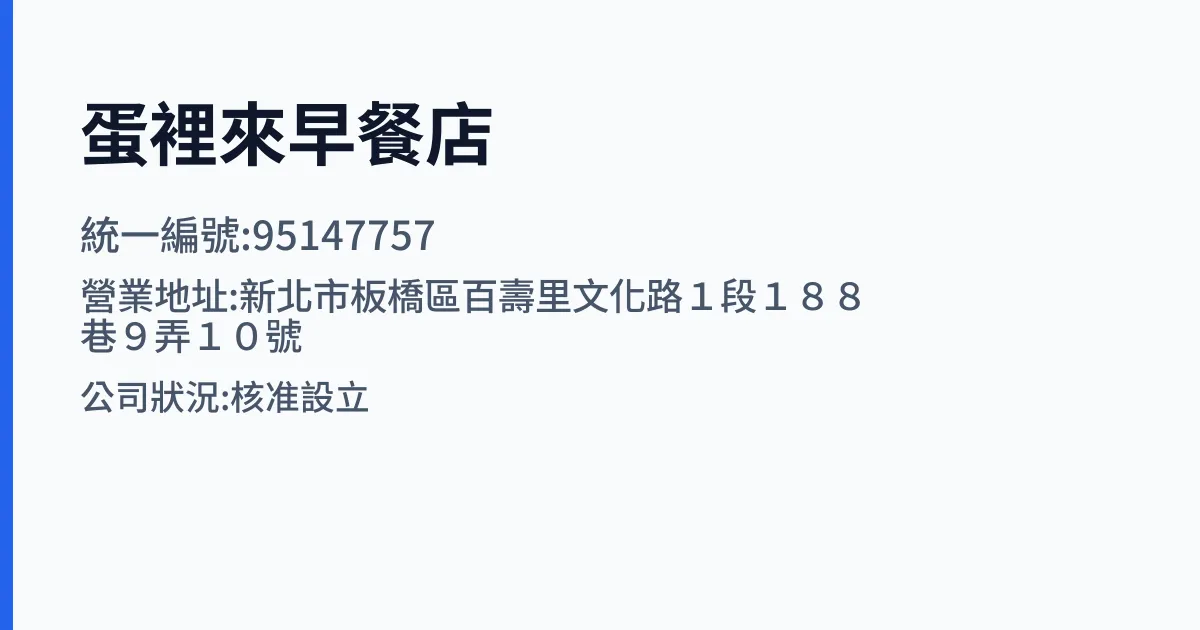 蛋裡來早餐店 - 統編 95147757(新北市) 公司登記資料與營業項目詳細圖表