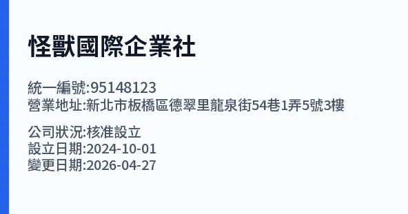 怪獸國際企業社的照片-統編 95148123(新北市) 公司登記資料與營業項目詳細圖表
