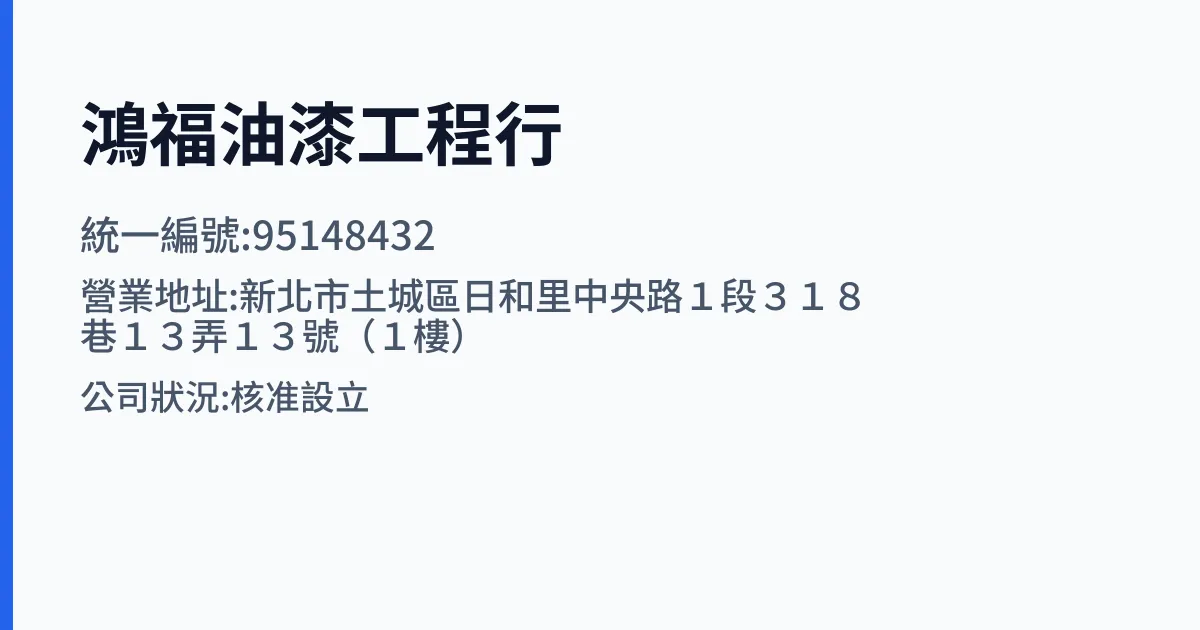 鴻福油漆工程行 - 統編 95148432（新北市） 公司登記資料與營業項目詳細圖表