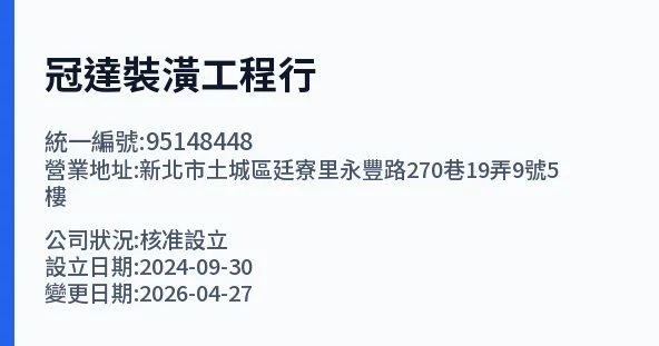 冠達裝潢工程行的照片-統編 95148448(新北市) 公司登記資料與營業項目詳細圖表