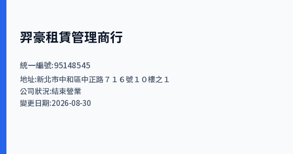 羿豪租賃管理商行的照片-統編 95148545(新北市) 公司登記資料與營業項目詳細圖表