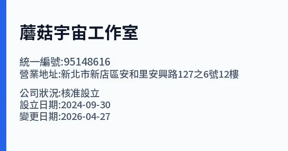 蘑菇宇宙工作室的照片-統編 95148616(新北市) 公司登記資料與營業項目詳細圖表