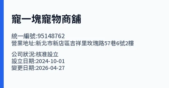寵一塊寵物商舖的照片-統編 95148762(新北市) 公司登記資料與營業項目詳細圖表