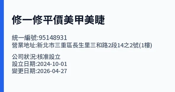 修一修平價美甲美睫的照片-統編 95148931(新北市) 公司登記資料與營業項目詳細圖表
