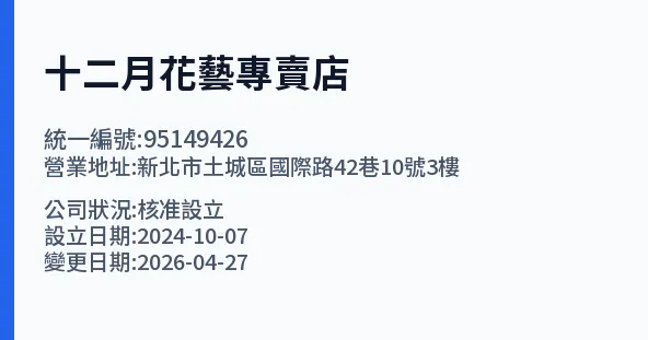 十二月花藝專賣店的照片-統編 95149426(新北市) 公司登記資料與營業項目詳細圖表