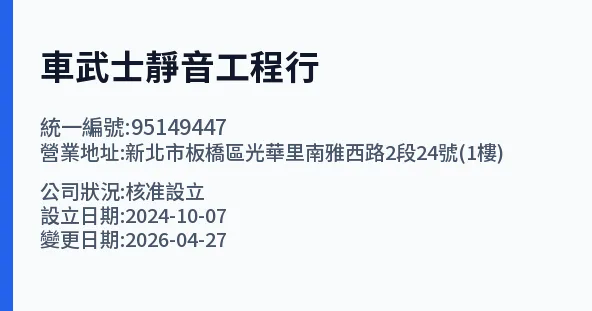 車武士靜音工程行的照片-統編 95149447(新北市) 公司登記資料與營業項目詳細圖表