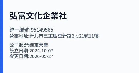 弘富文化企業社的照片-統編 95149565(新北市) 公司登記資料與營業項目詳細圖表