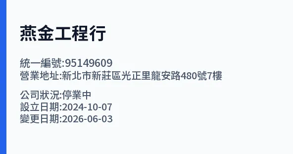 燕金工程行的照片-統編 95149609(新北市) 公司登記資料與營業項目詳細圖表