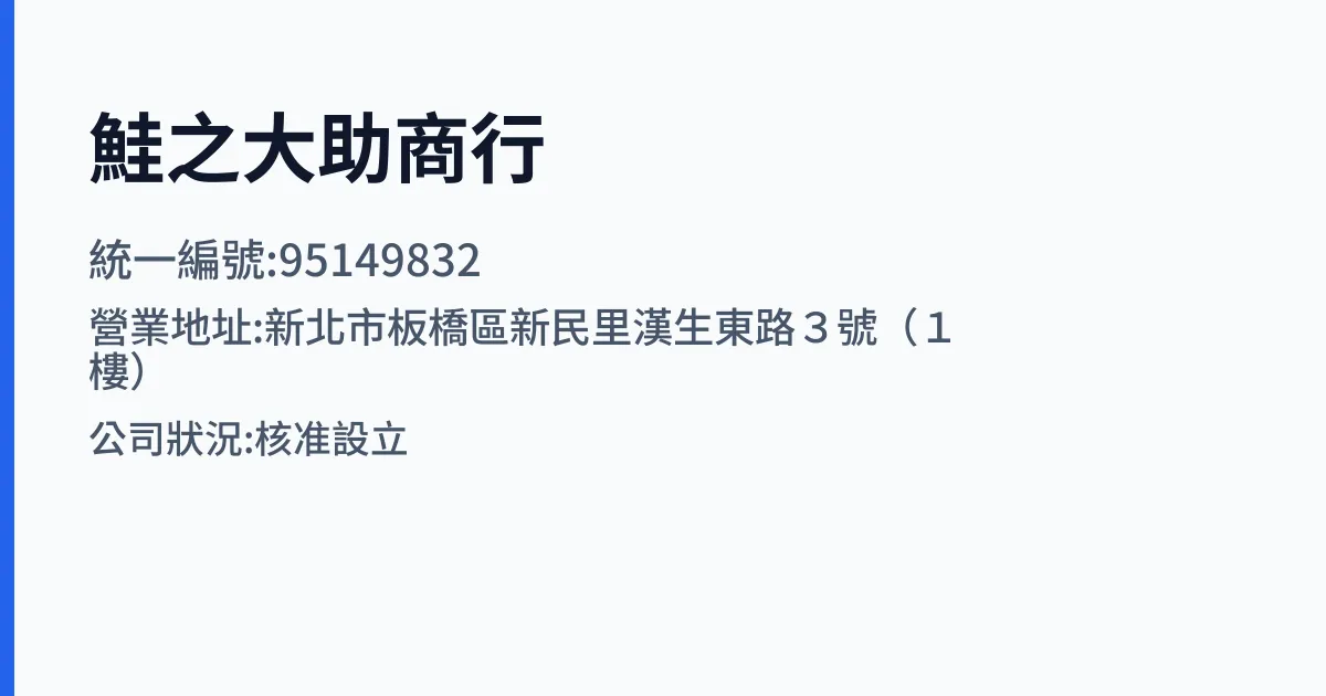 鮭之大助商行 - 統編 95149832(新北市) 公司登記資料與營業項目詳細圖表
