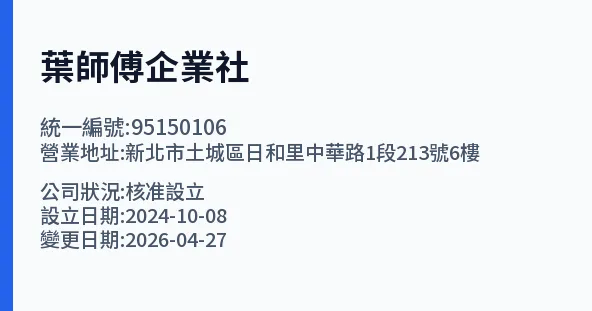 葉師傅企業社的照片-統編 95150106(新北市) 公司登記資料與營業項目詳細圖表