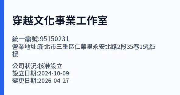 穿越文化事業工作室的照片-統編 95150231(新北市) 公司登記資料與營業項目詳細圖表