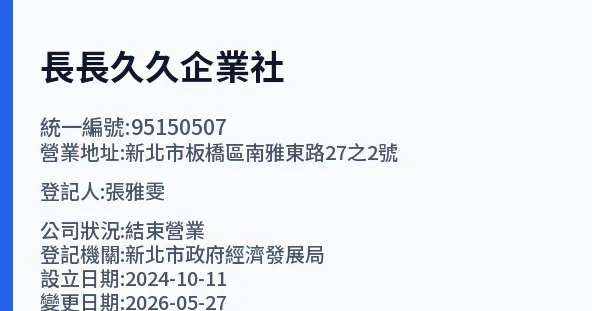 長長久久企業社的照片-統編 95150507(新北市) 公司登記資料與營業項目詳細圖表