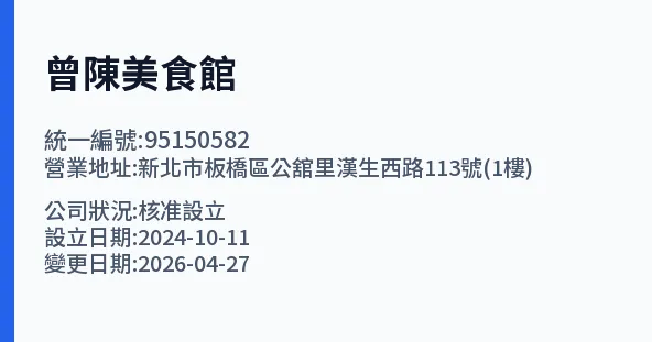 曾陳美食館的照片-統編 95150582(新北市) 公司登記資料與營業項目詳細圖表