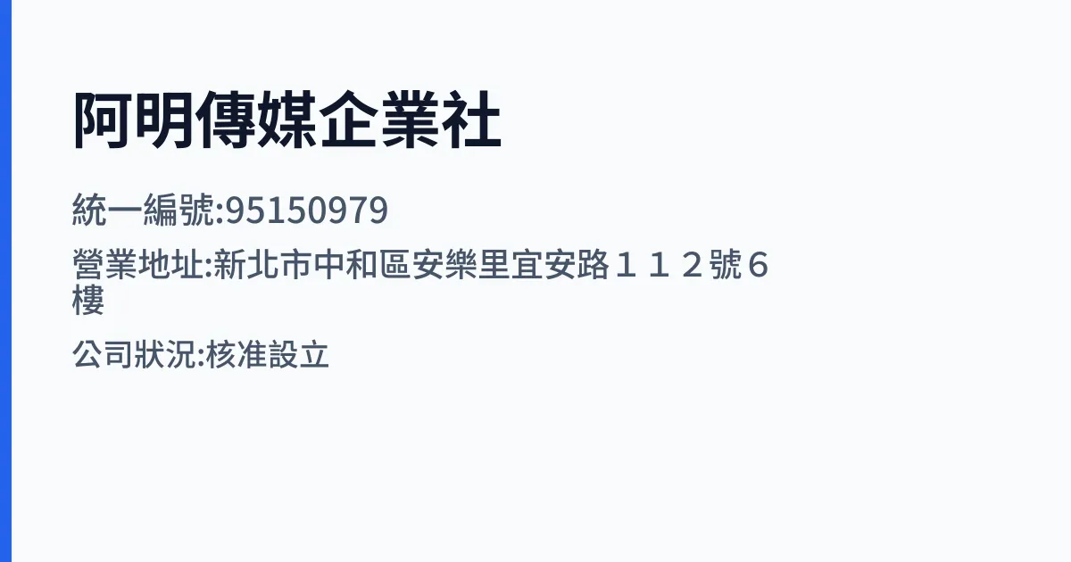 阿明傳媒企業社 - 統編 95150979(新北市) 公司登記資料與營業項目詳細圖表