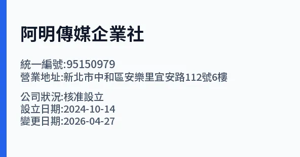 阿明傳媒企業社的照片-統編 95150979(新北市) 公司登記資料與營業項目詳細圖表