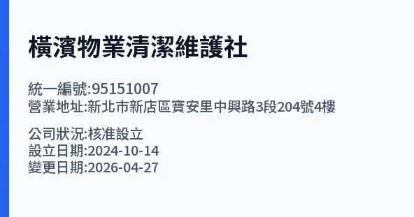 橫濱物業清潔維護社的照片-統編 95151007(新北市) 公司登記資料與營業項目詳細圖表