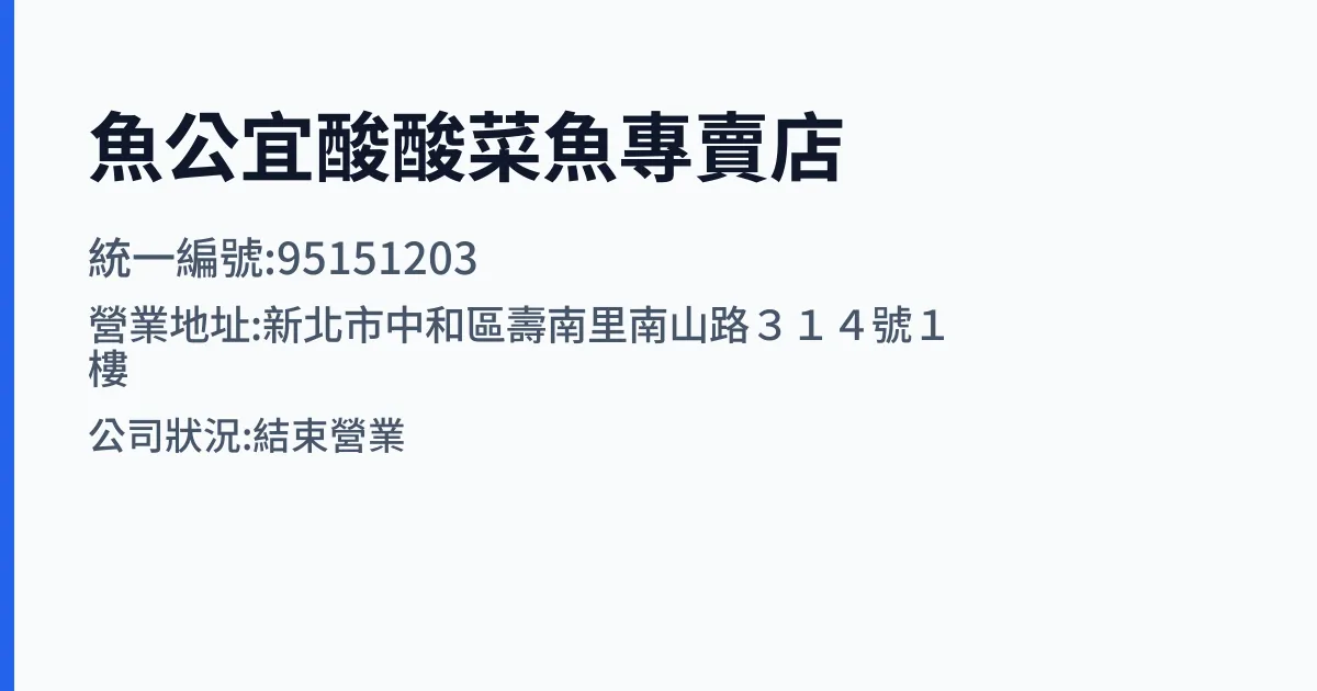 魚公宜酸酸菜魚專賣店 - 統編 95151203(新北市) 公司登記資料與營業項目詳細圖表