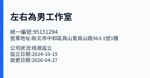 左右為男工作室的照片-統編 95151294(新北市) 公司登記資料與營業項目詳細圖表