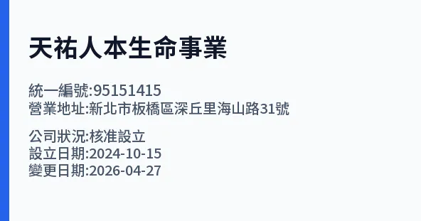 天祐人本生命事業的照片-統編 95151415(新北市) 公司登記資料與營業項目詳細圖表