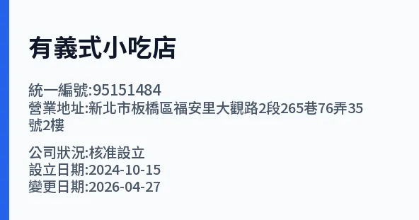 有義式小吃店的照片-統編 95151484(新北市) 公司登記資料與營業項目詳細圖表