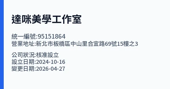 達咪美學工作室的照片-統編 95151864(新北市) 公司登記資料與營業項目詳細圖表