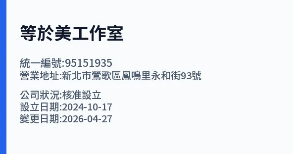 等於美工作室的照片-統編 95151935(新北市) 公司登記資料與營業項目詳細圖表